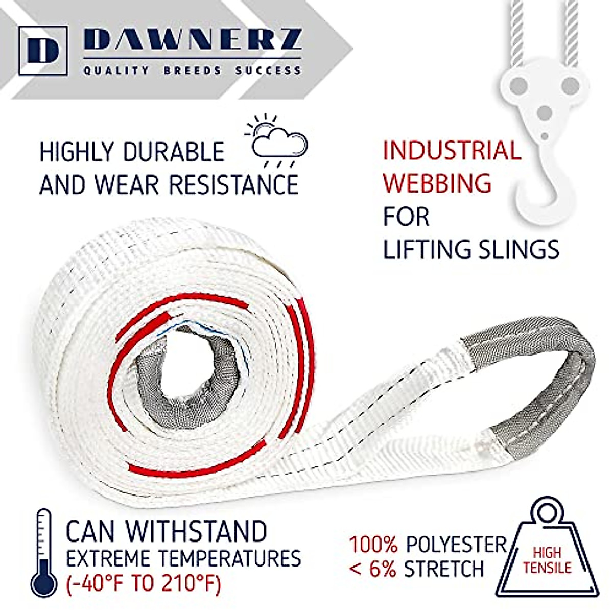 Tow Strap Heavy Duty 20 ft 46000 lbs - Dawnerz Towing Rope 6 m 22 Tons with Triple Reinforced Loops