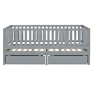 Twin Size Daybed with Fence Guardrails and 2 Drawers, Wood Twin Bed Frame Montessori Bed with Storage for Kids Girls Boys ,Can Split into Independent Floor Bed & Storage Daybed ,Grey