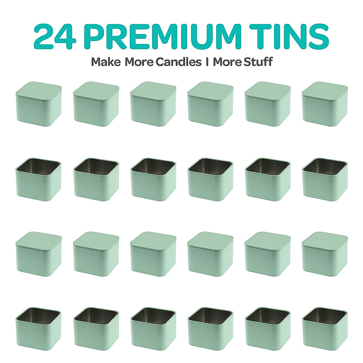 Hearts & Crafts Mint Square Tins with Lids - 24 Pack 8 oz Tin Cans for Candles Durable, Heat Resistant, Non-Rusting Tin Containers for Candle Making, Crafts, Gifts, and Storage and DIY Projects