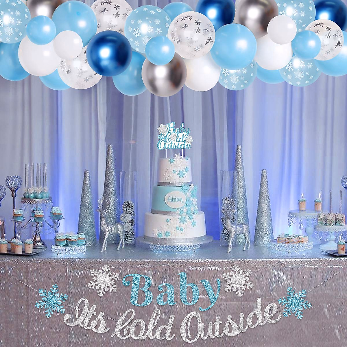 Kreatwow Baby It’s Cold Outside Party Decorations Blue Frozen Theme Baby Shower Supplies Snowflake Balloon Garland Kit Banner Cake Topper Winter Little Snowflake Party