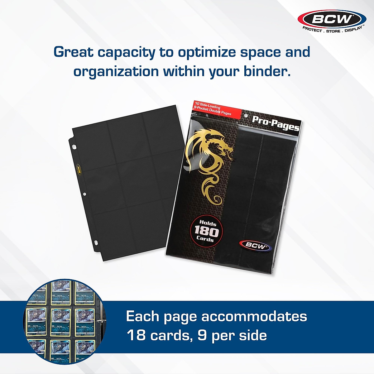 BCW Double-Sided 9-Pocket Pages Holder - 10 Black Pages | Trading Card Binder Sheets | Secure Side Loading | Ideal Card Storage and Display Solution