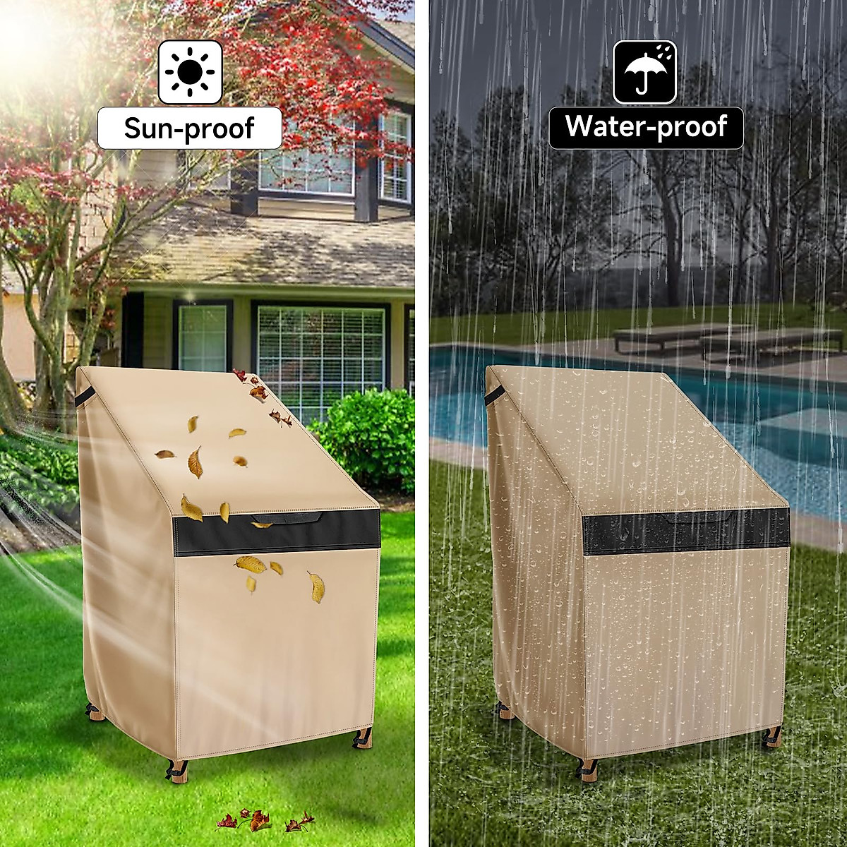 NEVERLAND Stackable Patio Chair Covers, Stacking Outdoor Chair Covers Waterproof with 600D Heavy Duty Material, Lawn Chair Covers Fits for 4-6 Stackable Paito Chairs-36"Lx28"Wx47"H (Golden)