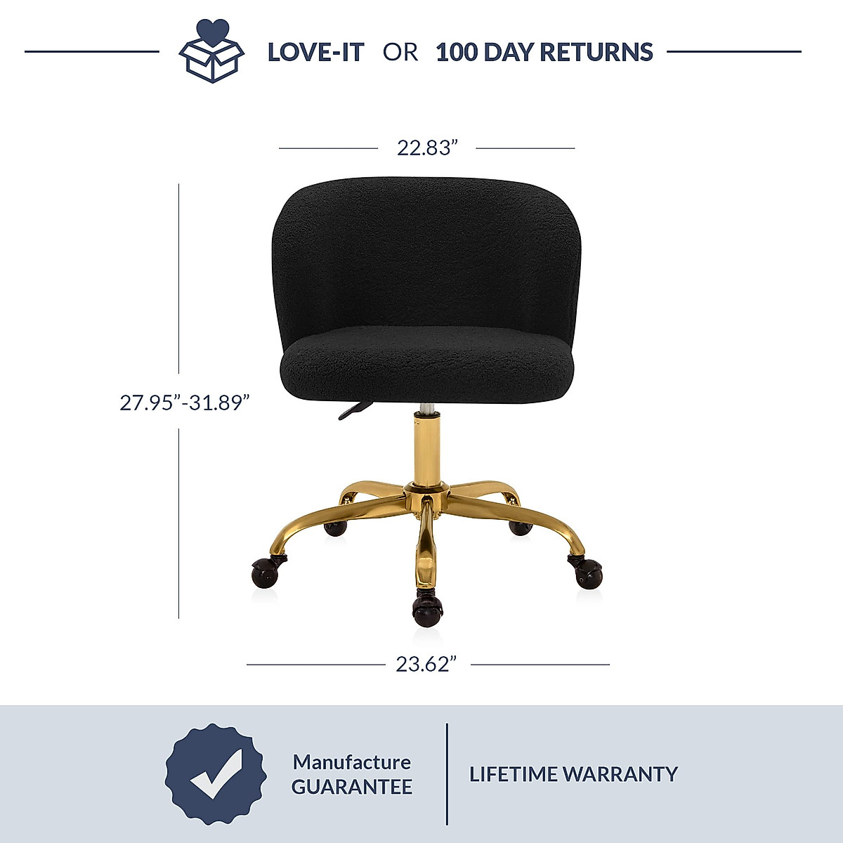 BELLEZE Modern Upholstered Boucle Desk Chair with Swivel Wheels and Adjustable Height, Decorative Rolling Office or Vanity, Stylish Comfy - Aston (Gold - Black)