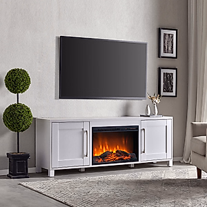 Henn&Hart Rectangular TV Stand with 26" Log Fireplace for TV's up to 80" in White, Electric Fireplace TV Stands for the Living Room