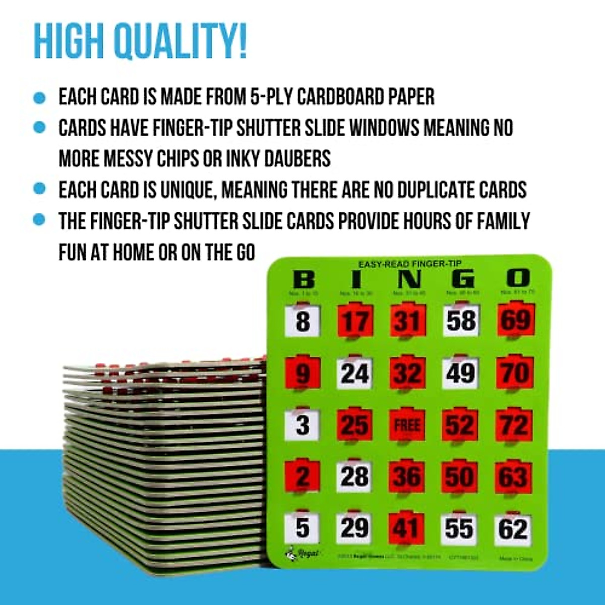 Regal Games - Shutter Slide Bingo Cards Only - 8” x 9” - 5-Ply Green Cardstock - Easy to Read - No Duplicates - Red Sliding Windows - 50-Pack - Perfect for Large Groups, Bulk Purchasing