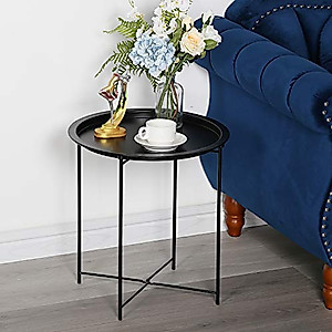 VECELO Modern End Side Tables,Round Metal Foldable Tray,Stable Snack Nightstand for Outdoors,Small Space,Living Room and Balcony, 18.5 in x 18.5 in x 19.7 in, Black