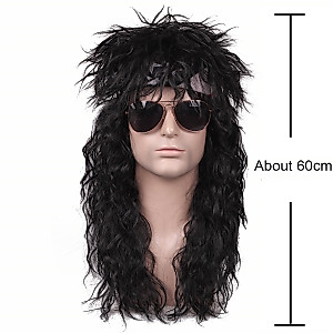 80s Wig with Bandana for Men Long Curly Black Rocker cosplay wig for Halloween