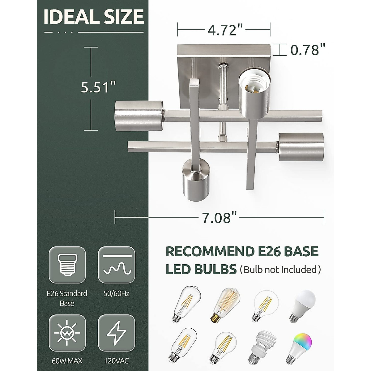 Eietonte Industrial 4-Light Semi Flush Mount Ceiling Light Fixture, Modern Brushed Nickel Chandelier Lighting, Farmhouse E26 Base Sputnik Ceiling Lamp for Kitchen Bedroom Living Room Hallway