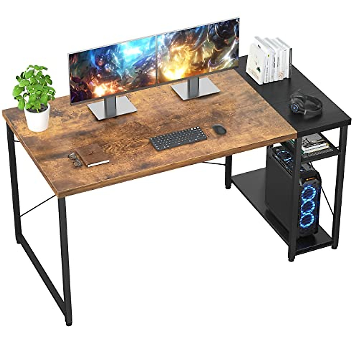 Foxemart Computer Desk 47 Inch Home Office Desk Industrial Sturdy Writing Table with Storage Shelves Modern Simple Style PC Desk for Home Office Study Room Workstation, Rustic Brown and Black