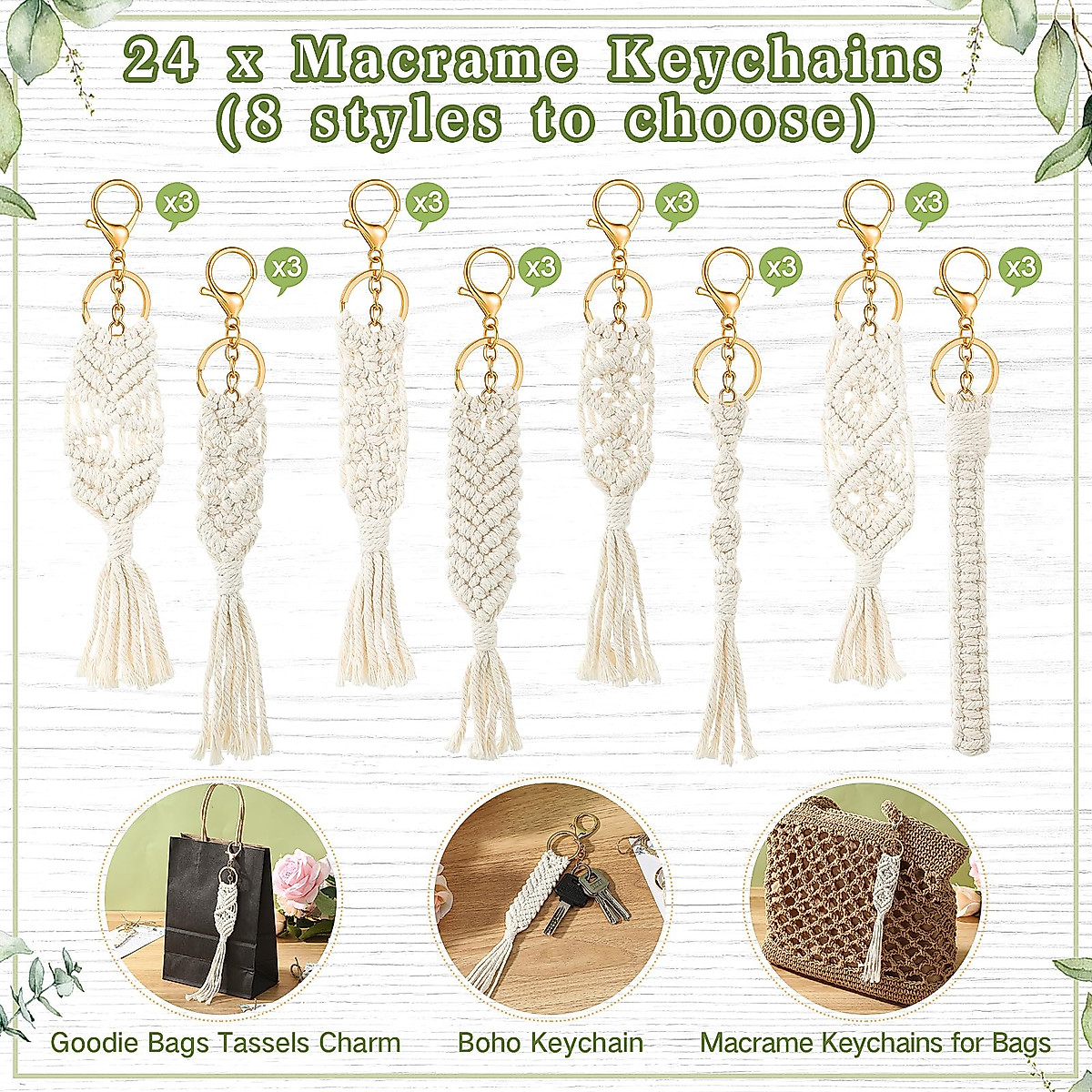 Ecation 24 Sets Baby Shower Favors for Guests Boho Macrame Keychains Crochet Tassel Key Ring Thank You Cards with Rope