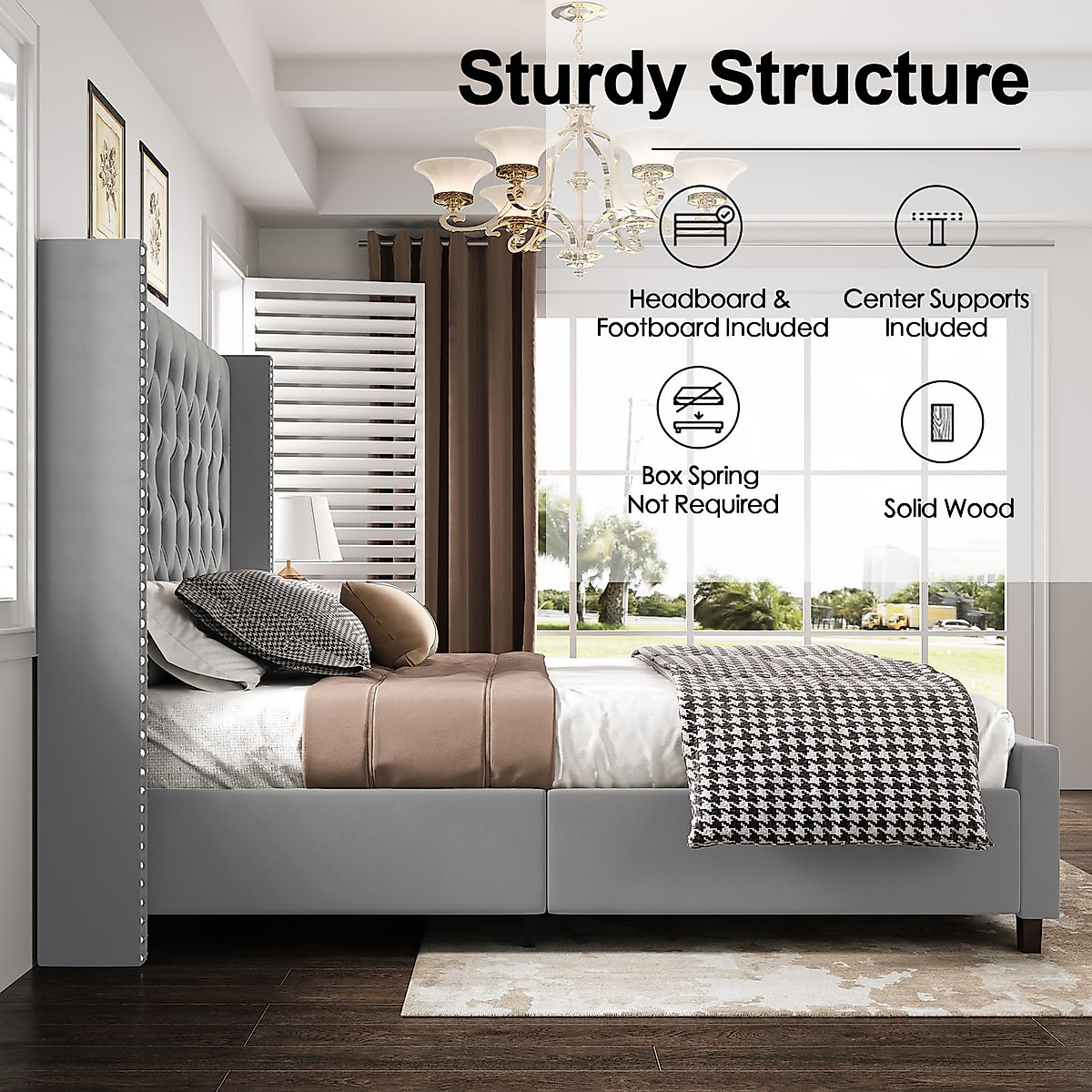 PaPaJet King Size Bed Frame 61.4" Tall Headboard Upholstered Velvet Platform Bed with Handmade Deep Button Tufted/No Box Spring Required/Grey