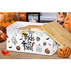 Halloween Bread Box with Bamboo Cutting Board Lid, Modern Metal Bread Storage Container Trick or Treat Kitchen Decor, Vintage Halloween Decorations For Home Organizer, Halloween Gifts for Women