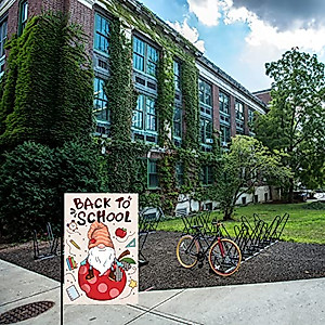 Iutumo Back to School Gnome Garden Flag with Polka Dots Red Apple and Stationery, 12x18 Inch Double Sided Small Vertical First Day to School Banner for Campus Yard Outside Party Decoration