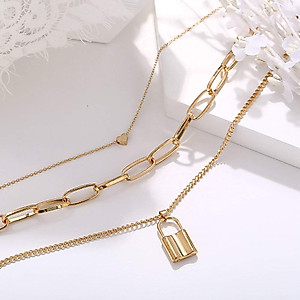 Neckcely 2 Pcs Dainty Layered Choker Necklaces Handmade Lock Heart Pendant Multilayer Adjustable Layering Chain Gold Necklaces Set for Women