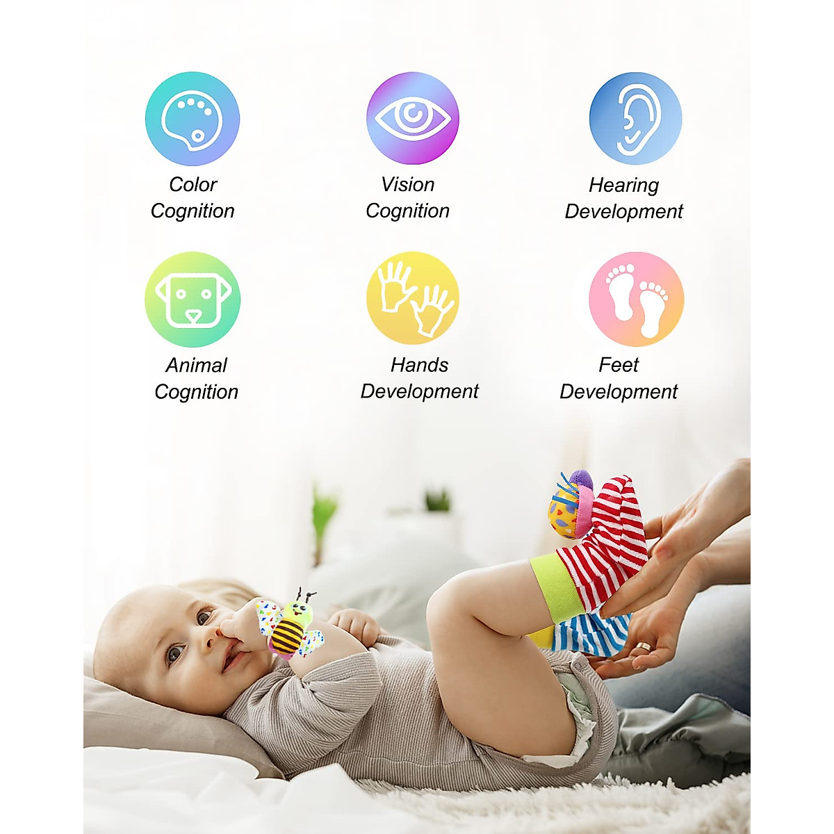 Wrist Rattle Foot Finder Sock for 0-36 Months Baby Boys and Girls, Newborn Baby Soft Hand & Feet Rattle 0-3 Years, Arm Leg Babies Development Toys for Infant Bebe (MBR-4 PCS)