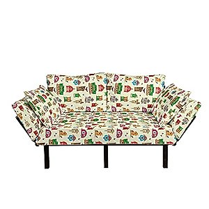 Ambesonne Birdhouse Futon Couch, Human Made Bird Nest Wooden Houses of Various Types Colorful Illustraiton, Daybed with Metal Frame Upholstered Sofa for Living Dorm, Loveseat, Cream Multicolor