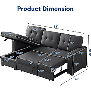 Wakefit Reversible Sectional Sofa Couch, Sleeper Sofa Bed with Storage Chaise Pull Out Couch Bed for Living Room | Hidden Stroge | Pull Out Bed | Removable Backrest | Linen Fabric, Dark Grey