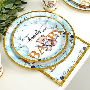 Teddy Bear Baby Shower Plates Napkins Tableware - We Can Bearly Wait Party Decorations Blue Teddy Bear Disposable Paper Plates Napkins Cups for Boy Girl Baby Shower Birthday Party Supplies