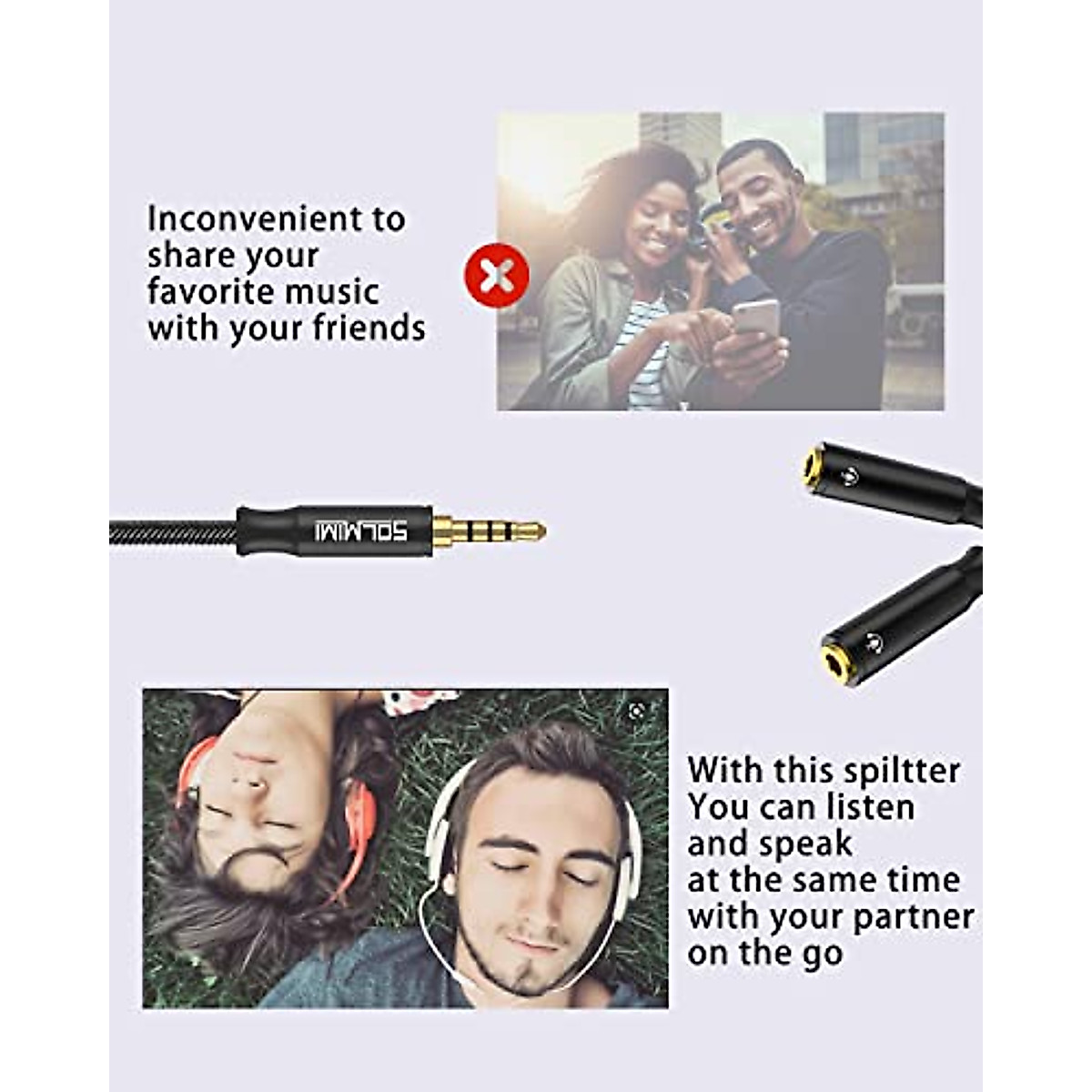 SOLMIMI Headphone Splitter 3.5mm TRRS Stereo Audio Y Splitter Braided 4-Pole Male to 2-Female Dual Headphone Jack Splitter Adapter for Headset PC Smartphone Xbox PS4 & More - Matte Black(1ft-30cm)