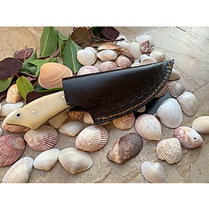 NUSHBA 017 Handmade Fixed Blade Hunting Skinner Knife, Damascus Steel Blade, Camal Bone Handle -Best Hunting Knife with Cow Brown Leather Sheath