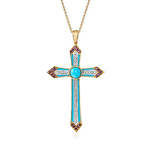Ross-Simons Turquoise, 30 ct. t.w. Amethyst and .30 ct. t.w. White Topaz Cross Pendant Necklace With Enamel in 18kt Gold Over Sterling. 18 inches