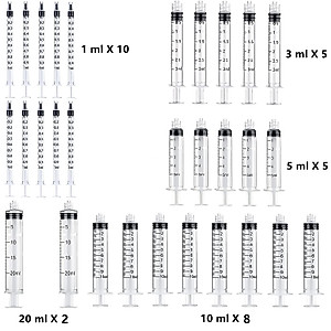 30 Pack 1ml, 3ml, 5ml, 10ml, 20ml Glue Dispenser with14ga,16ga, 18ga, 20ga, 22ga, 25ga Glue tip and Caps for Measuring and Refilling, Glue Applicator or Oil