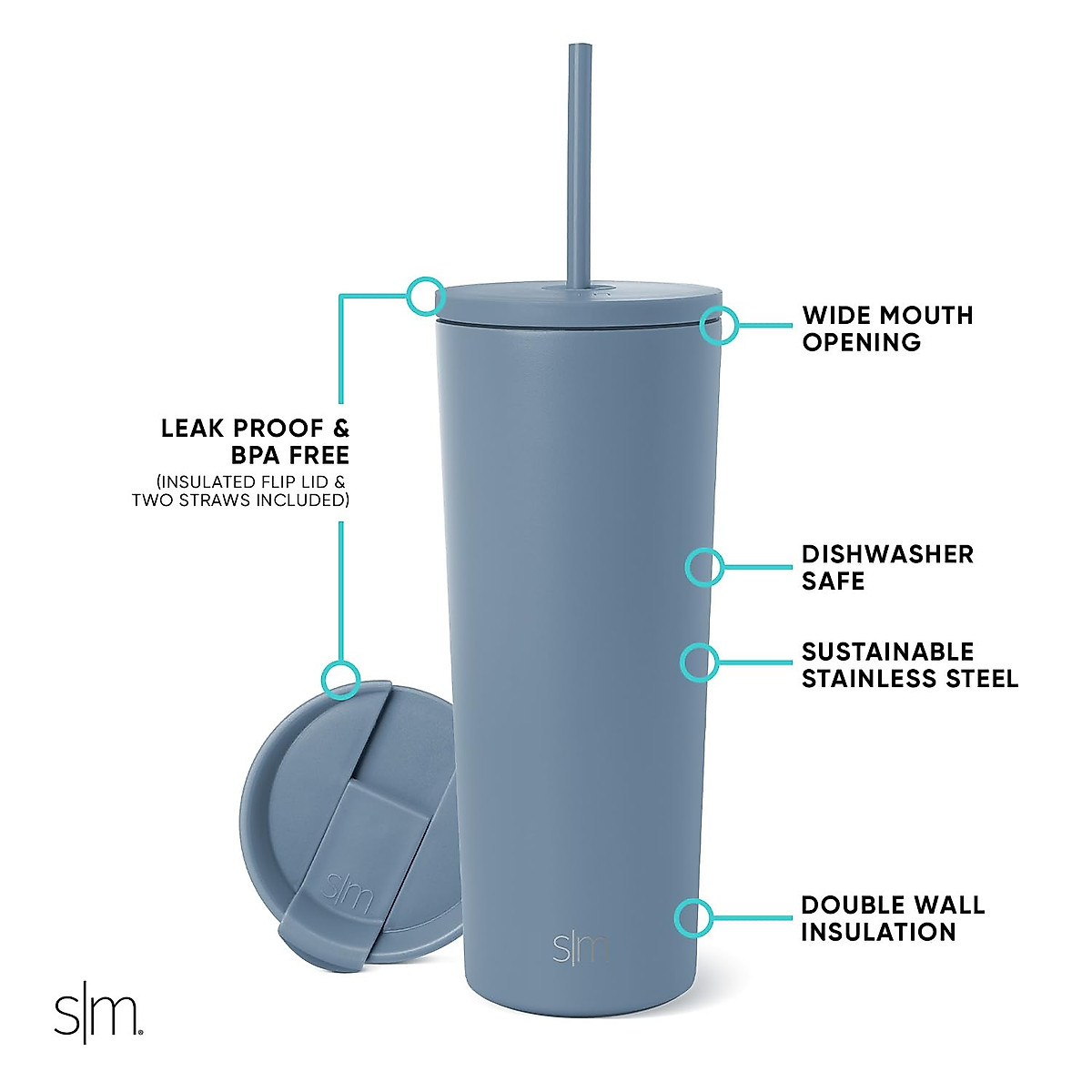 Simple Modern Insulated Tumbler with Lid and Straw | Iced Coffee Cup Reusable Stainless Steel Water Bottle Travel Mug | Gifts for Women Men Her Him | Classic Collection | 24oz | Blue Dune