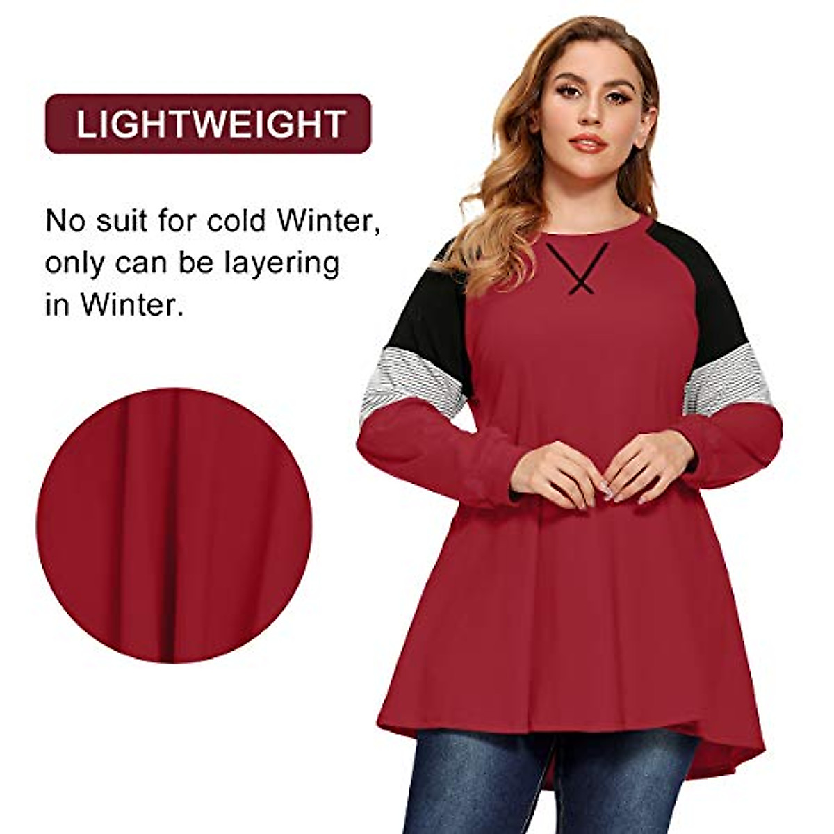 LARACE Plus Size Tops Women Pullover Sweatshirt Color Block Tee Long Sleeve Tunic Striped Raglan Shirt(Wine Red 4X)