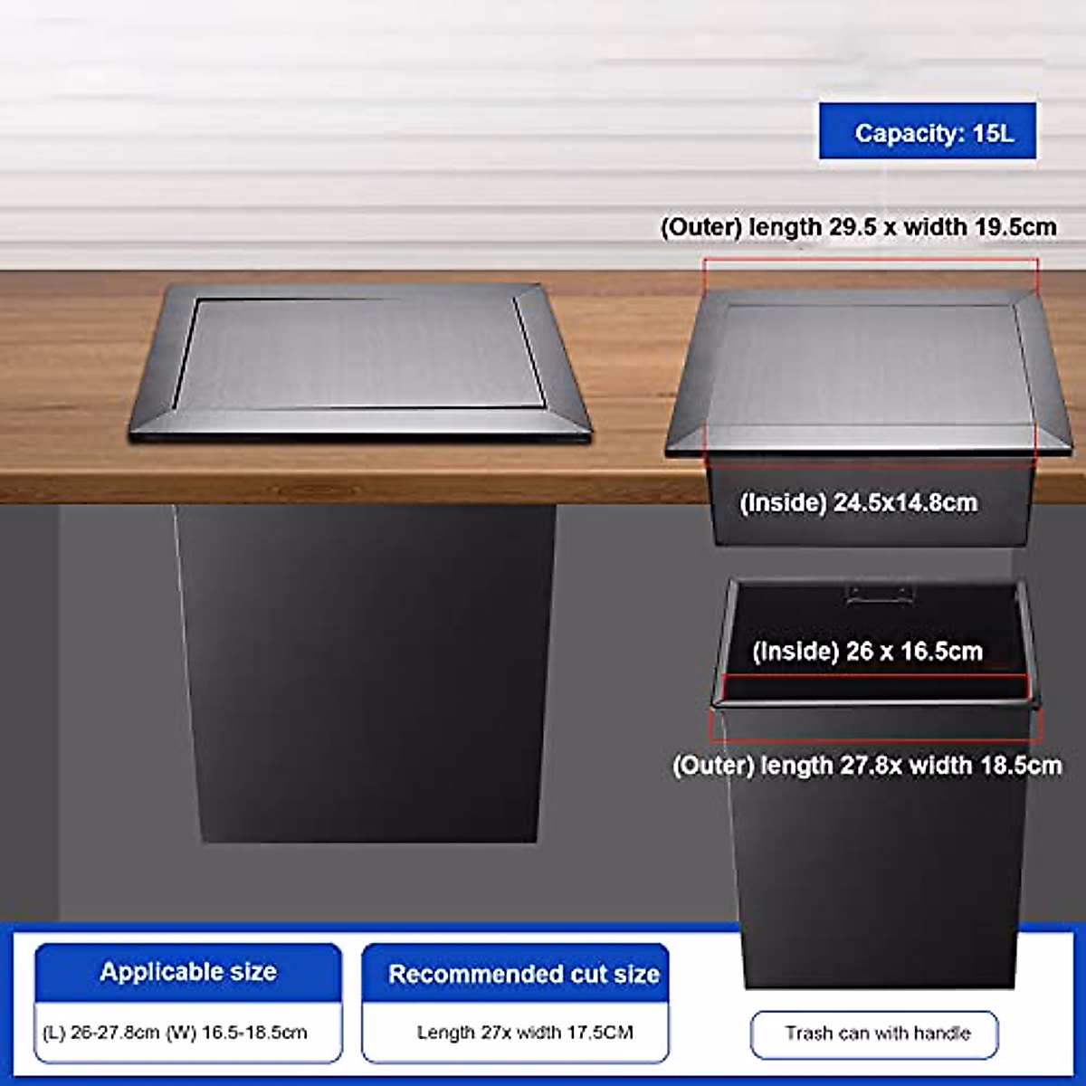 CapriTech Built-in Countertop Trash Bin Lid and Waste Chute Lid - 304 Stainless Steel Balance Flap Cover, Black Trash Grommet Swing Trash Can Lid