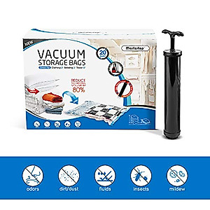 MASTERTOP 20pcs Vacuum Storage Bags, Space Saver Bags for Clothes Comforters Blankets Pillows with Hand Pump, Sealer Compression Bags for Travel & Home (2 X-Jumbo, 4 Jumbo, 4 Large, 4 Medium, 6 Small)