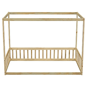 Wood Twin Size Canopy Frame Floor Bed with Fence and Guardrails,for Kids Toddler Boys Girls Teens Bedroom Use (Natural@Fence, Twin)