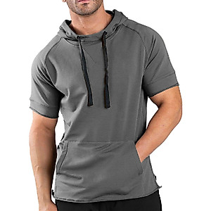 COOFANDY Men's Workout Hoodie Short Sleeve Hoodie Sweatshirts Gym Muscle Tee Cotton Hooded T Shirt with Pocket Dark Grey