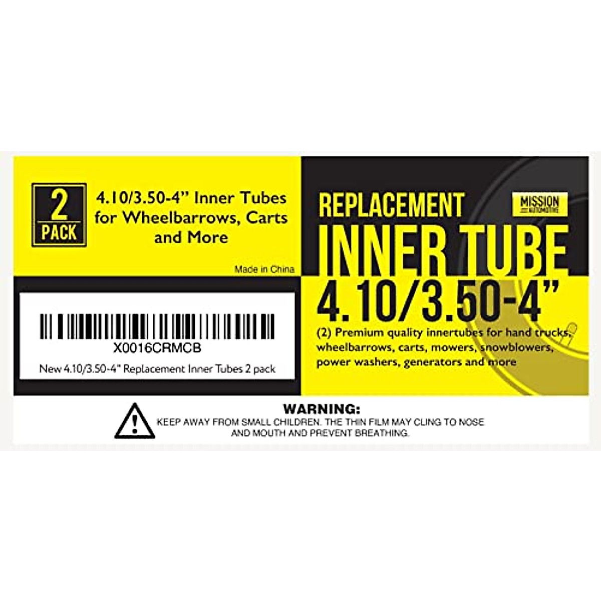 Premium Replacement Tire Inner Tubes - 2 Pack - 4.10/3.50-4"- Great for Hand Truck Dollies, Wheelbarrows, Lawn Mowers, and Trailers - Utility Tools - Mission Automotive