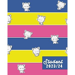 Student 2023-2024: Stay on Top of Your Studies with Our Kawaii Cat-Themed Planner - Academic Year 2023/2024 Monthly and Weekly Planner for Girls in Shades of Blue, Pink, and Yellow.