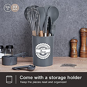 33 PCS Kitchen Utensils Set, Kikcoin Wood Handle Silicone Cooking Utensils Set with Holder, Spatulas Silicone Heat Resistant Cooking Gadgets for Nonstick Cookware, Grey