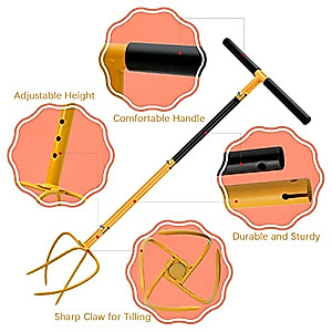 Hand Tiller Garden Tiller, Manual Twist Tiller with Long Handle, Garden Tiller Claw Cultivator Lawn Aerator Soil Ripper for Gardening Bed and Plant Box, 3 Adjustable Height