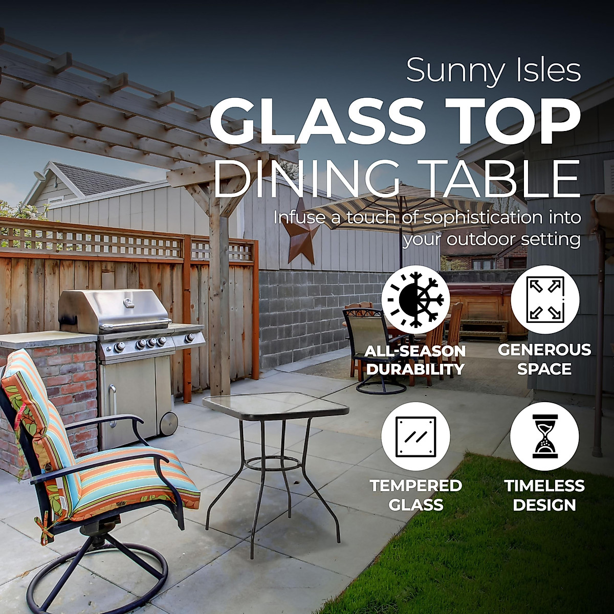 Four Seasons Courtyard Sunny Isles 27 Inch Outdoor Patio Bistro Dining Table Backyard Squared Furniture with Tempered Glass Tabletop, Black