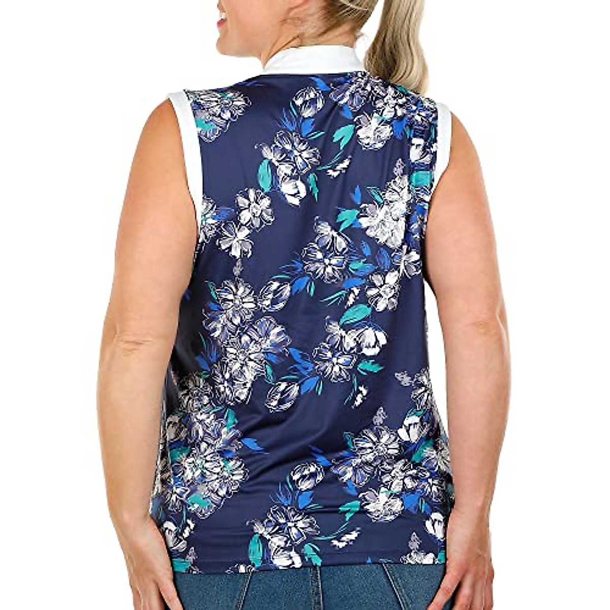 Coral Bay Golf Plus Tropical Floral Sleeveless Polo Top 1X Deep Navy Multi