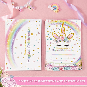 AMZTM Magical Unicorn Party Invitations with Envelopes for Kids Birthday Baby Shower Unicorn Party Supplies 20 Pieces of Fill-in Blank Invitation Card Kit
