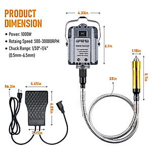 lesolar 1000W Flex Shaft Rotary Tool Kit, 30000RPM Electric Flex Shaft Hanging Grinder Carver Support Forward & Reverse Rotation, High Speed Hanging Grinding Machine with Variable Speed Foot Switch