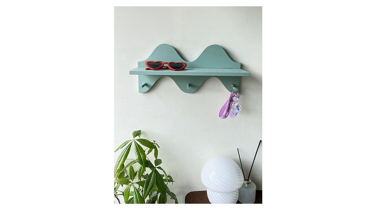 Cozifycasa Wavy Wall Shelf with Hooks in Sage Green | Modern & Fun Decor