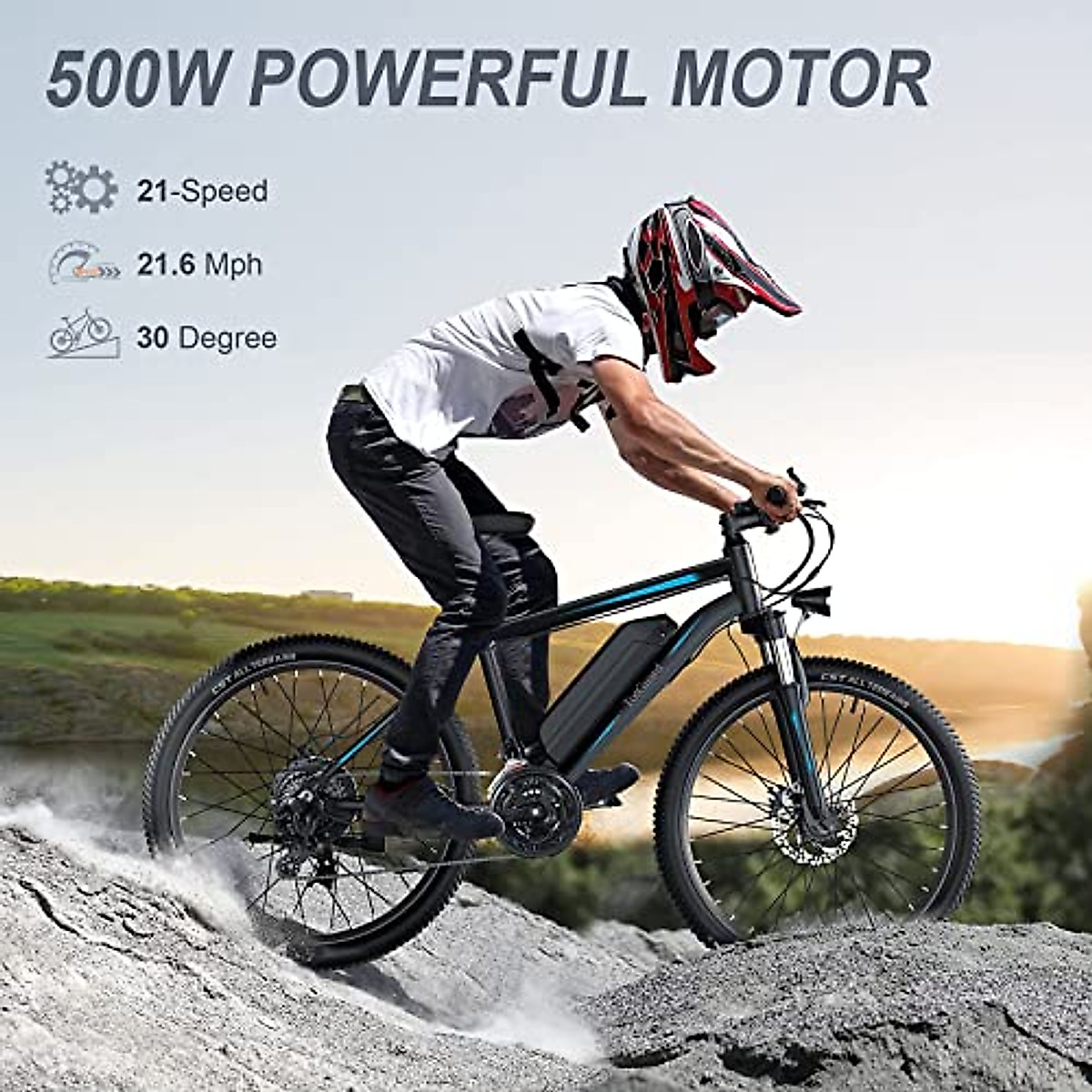 Wooken Electric Bike, Bike for Adults 27.5'' E-Bikes with 500W Motor, 21.6MPH Mountain Lockable Suspension Fork, Removable Battery, Professional 21 Speed Gears Bicycle