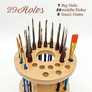 Paint Brush Holder 360 Rotating Bamboo Display Drying Stand Watercolor Coloring Brush Organizer Display Stand Tray Rack with 29 Holes（1 Big Hole 23 middle Holes 5 Small Holes）