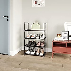 Yegazte Upgrade Stackable Small Shoe Rack, 4-Tier Nonwoven Shoe Storage Organizer with Handle for Entryway, Hallway and Closet （Black）