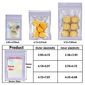 YOTOZU 100-Pack Holographic Resealable Bag Food Storage Aluminium Foil Mylar Smell Bag Plastic Flat Packaging Pouch for Party Favor Food Candy Jewelry Lip Gloss Optional Multi Color(Purple,4.7x7.8)