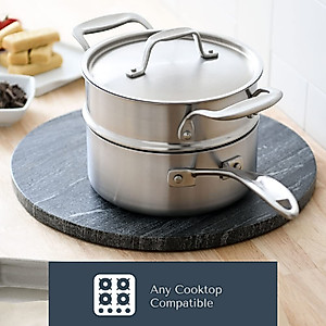 American Kitchen - 3 Quart Stainless Steel Sauce Pan & Insert Set, with cover and steamer insert, Made In America