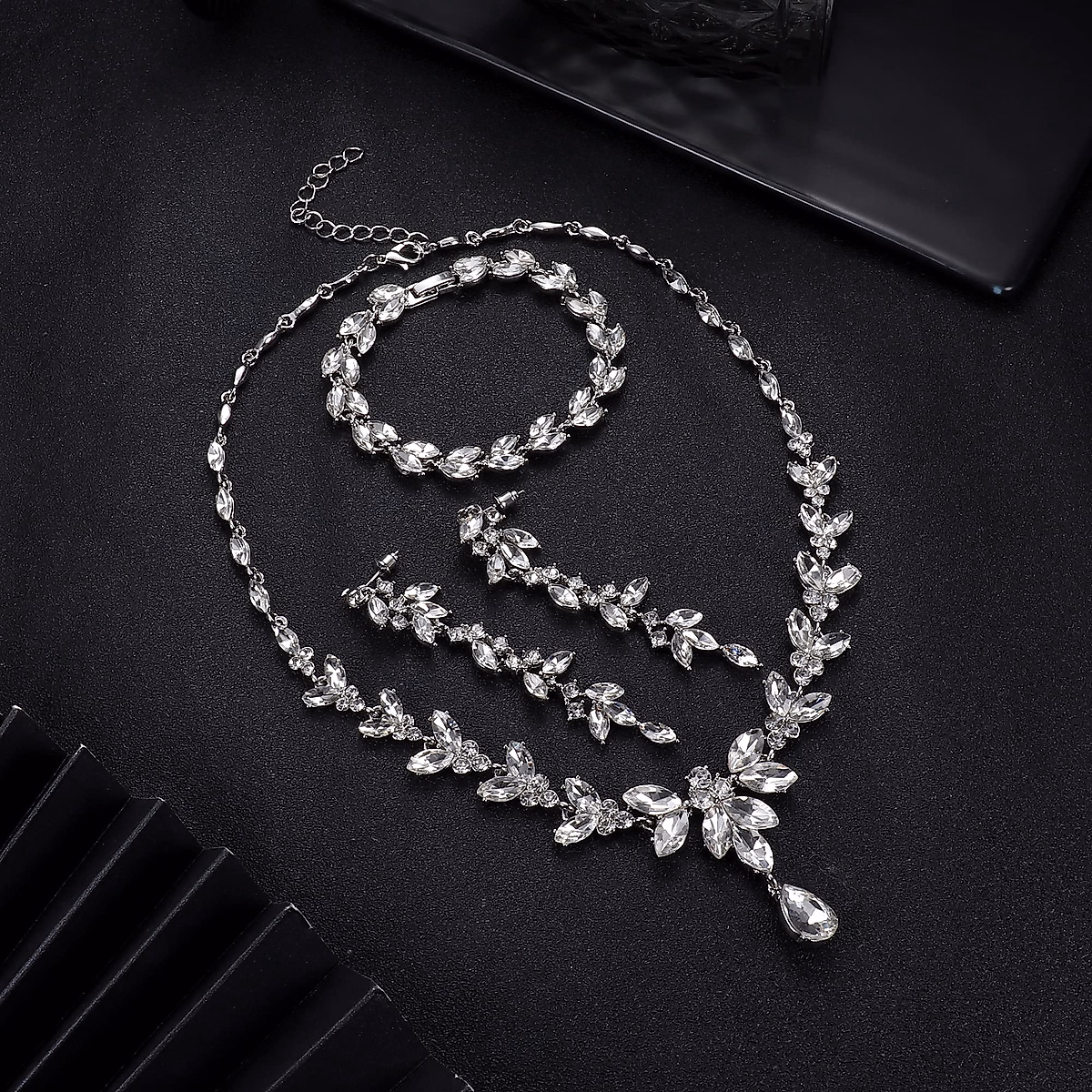 FIASASO Prom Jewelry Set Necklace Dangle Earrings Bracelet Bride Bridesmaid Crystal Bridal Jewelry Set for Wedding Rhinestone Engagement Party Prom Jewelry Set for Women