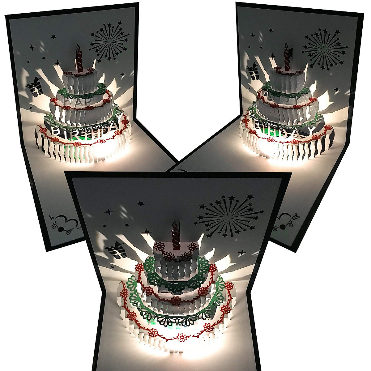 Akeydeco 3D Pop Up Birthday Cards,Warming LED Light Cake Music Happy Card Postcards Greeting Cards Laser Cut Best for Mom,Wife,Sister, Boy,Girl,Friends 1 Pack