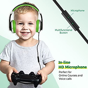 rockpapa I20 Foldable Kids Headphones with Microphone for School, Wired On-Ear Boys Girls Childrens Students Headphones Plug in for Tavel Laptop Computer PC Tablet CD DVD TV Black Green