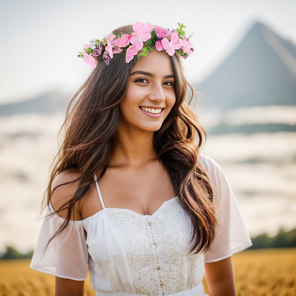 Gmmidea Butterfly Flower Crown for Women Girls Fairy Flower Headband Crown Adjustable Wedding Festival Floral Hair Wreath Pink